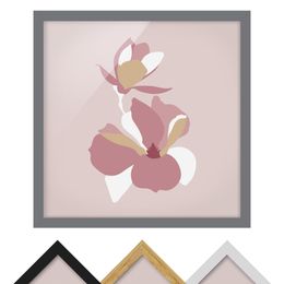 Bilderwelten Bild mit Rahmen - Quadrat Line Art Bl&uuml;ten Pastell Rosa