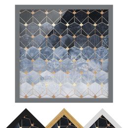 Bilderwelten Bild mit Rahmen - Quadrat Blaue Geometrie goldenes Art Deco