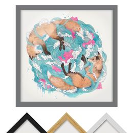 Bilderwelten Bild mit Rahmen - Quadrat Illustration F&uuml;chse und Wellen Malerei