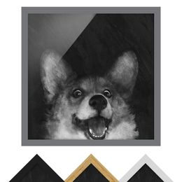 Bilderwelten Bild mit Rahmen - Quadrat Illustration Hund Corgi Malerei Schwarz Wei&szlig;