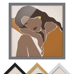 Bilderwelten Bild mit Rahmen - Quadrat Line Art Frau Braun Beige