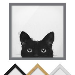 Bilderwelten Bild mit Rahmen - Quadrat Illustration Schwarze Katze auf Wei&szlig; Malerei