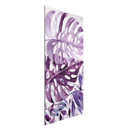 Bilderwelten Alu-Dibond Outdoor Bild Aquarell Tropische Bl&auml;tter mit Monstera in Aubergine