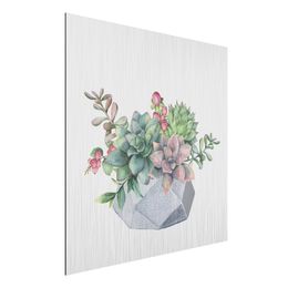 Alu Dibond Outdoor Bild - Aquarell Sukkulenten Illustration - gr&uuml;n Tropisch Aquarell Pflanzen Wohnzimmer Schlafzimmer