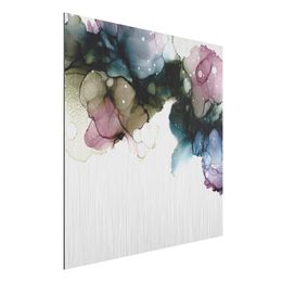 Alu Dibond Outdoor Bild - Blumenbogen mit Gold - originell blau Abstrakt Aquarell Deko Wohnzimmer Schlafzimmer