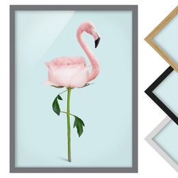 Bilderwelten Bild mit Rahmen - Hochformat Flamingo mit Rose