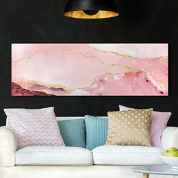 Bilderwelten Leinwandbild Abstrakte Berge Rosa mit Goldenen Linien