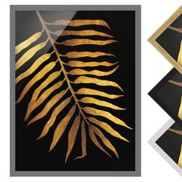 Bilderwelten Bild mit Rahmen - Hochformat Gold - Palmenblatt II auf Schwarz
