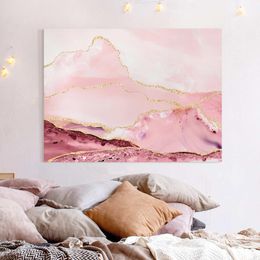 Bilderwelten Leinwandbild Abstrakte Berge Rosa mit Goldenen Linien