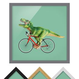 Bilderwelten Bild mit Rahmen - Quadrat Dinosaurier mit Fahrrad