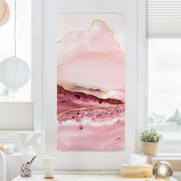 Bilderwelten Leinwandbild Abstrakte Berge Rosa mit Goldenen Linien