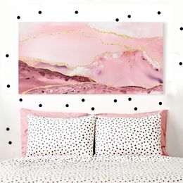 Bilderwelten Leinwandbild Abstrakte Berge Rosa mit Goldenen Linien