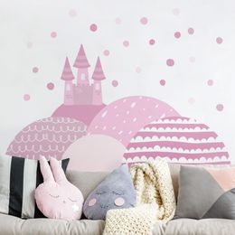 Bilderwelten Wandtattoo Natur modern selbstklebend Wandaufkleber - Berge Schloss Pastell Rosa - Prinzessin Kinderzimmer Baby Mädchen Jungen