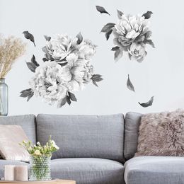 Bilderwelten Wandtattoo Blumen modern selbstklebend Wandaufkleber - Pfingstrosen Set - Schwarz-weiß dunkel - Rose Wohnzimmer Schlafzimmer