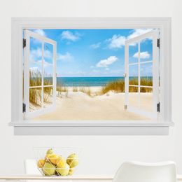 Bilderwelten Wandtattoo Strand modern 3D-Effekt Wandaufkleber - Offenes Fenster Strand an der Nordsee - Dünen Wohnzimmer Schlafzimmer