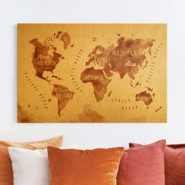 Bilderwelten Leinwandbild - Querformat Weltkarte Aquarell beige braun