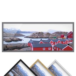 Bilderwelten Bild mit Rahmen - Panorama Siedlung im Fjord