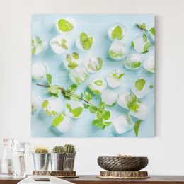 Bilderwelten Leinwandbild Kulinarisch Motiv Kunstdruck gr&uuml;n - Eisw&uuml;rfel mit Minzbl&auml;ttern - Wandbild XXL K&uuml;che