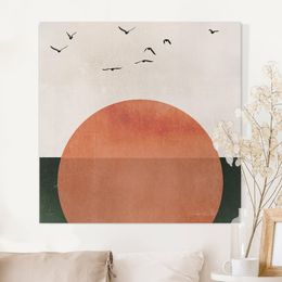 Bilderwelten Leinwandbild Natur modern Aquarell rot - Vogelschwarm vor aufgehender Sonne - Sonnenuntergang XXL Wohnzimmer Schlafzimmer