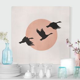 Bilderwelten Leinwandbild Natur modern Kunstdruck rosa - V&ouml;gel vor rosa Sonne III - Sonnenuntergang XXL Wohnzimmer Schlafzimmer