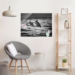 Bilderwelten Glasbild - Querformat Zwei springende Delfine