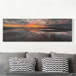 Bilderwelten Leinwandbild - Panorama Sonnenaufgang im Watt