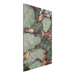 Alu Dibond Outdoor Bild - Spiel der Farben Farngr&uuml;n und Gold - gr&uuml;n Illustration Aquarell Deko Wohnzimmer Schlafzimmer