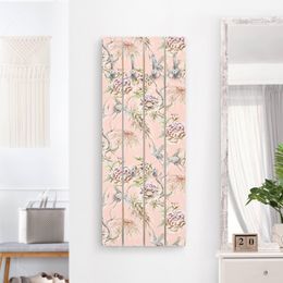 Bilderwelten Wandgarderobe einzigartig Tiere Illustration Aquarell - Aquarell V&ouml;gel mit gro&szlig;en Bl&uuml;ten vor Rosa - V&ouml;gel Garderobenpaneel Flur