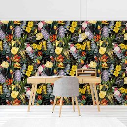 Bilderwelten Mustertapete Blumen Tropisch Wandtapete bunt - Blumen mit Tropischen V&ouml;geln Bunt - V&ouml;gel Wohnzimmer Schlafzimmer