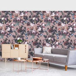 Bilderwelten Fototapete Blumen Vintage Wandtapete rosa - Altmeisterliche Bl&uuml;ten mit Tulpen und Rosen auf Beige - Retro Wohnzimmer Schlafzimmer