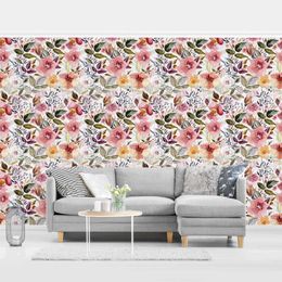 Bilderwelten Mustertapete Blumen Illustration Aquarell bunt - Bunter Blumenmix mit Aquarell - Deko Wohnzimmer Schlafzimmer