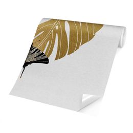 Fototapete Goldene Monstera mit Schmetterling