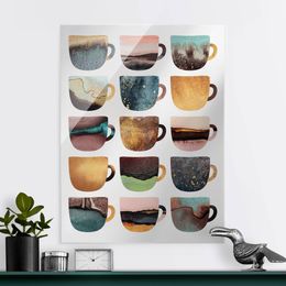 Bilderwelten Glasbild - Hochformat Bunte Kaffeetassen mit Gold