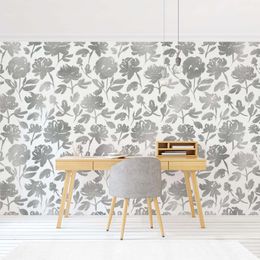 Bilderwelten Mustertapete Vliestapete modern Wandtapete silber - Tuschezeichnung Silberne Rosen - Deko Wohnzimmer Schlafzimmer