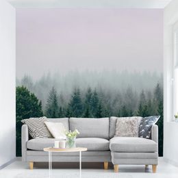 Bilderwelten Fototapete Wald Motiv Wandtapete gr&uuml;n - Wald im Nebel D&auml;mmerung - B&auml;ume Wohnzimmer Schlafzimmer