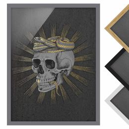 Bilderwelten Bild mit Rahmen - Hochformat Illustration Totenkopf und Schlange Schwarz Gold