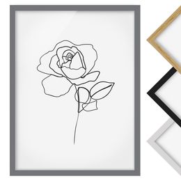 Bilderwelten Bild mit Rahmen - Hochformat Line Art Rose Schwarz Wei&szlig;
