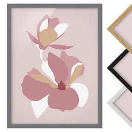 Bilderwelten Bild mit Rahmen - Hochformat Line Art Bl&uuml;ten Pastell Rosa