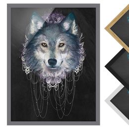 Bilderwelten Bild mit Rahmen - Hochformat Illustration Wolf mit Boho Traumf&auml;nger Schwarz