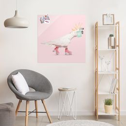 Bilderwelten Glasbild Tiere Fotomontage rosa Glas Wandbild - Kakadu mit Rollschuhen - Skating Wohnzimmer Schlafzimmer