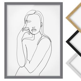 Bilderwelten Bild mit Rahmen - Hochformat Line Art Nachdenkliche Frau Schwarz Wei&szlig;