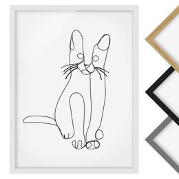 Bilderwelten Bild mit Rahmen Tiere schwarz weiss Line Art inkl. Rahmung - Katze Line Art - Katze Wohnzimmer Schlafzimmer