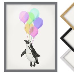 Bilderwelten Bild mit Rahmen - Hochformat Illustration Pinguin Pastell Luftballons
