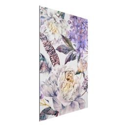 Bilderwelten Alu Dibond Outdoor Bild Blumen pastell Illustration Aquarell - Zartes Aquarell Boho Bl&uuml;ten und Federn Muster - Rose Wohnzimmer Schlafzimmer