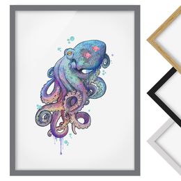 Bilderwelten Bild mit Rahmen - Hochformat Illustration Oktopus Violett T&uuml;rkis Malerei