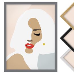 Bilderwelten Bild mit Rahmen - Hochformat Line Art Portrait Frau Pastell Beige