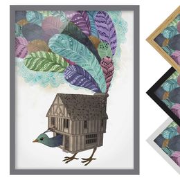 Bilderwelten Bild mit Rahmen - Hochformat Illustration Vogel Haus mit Federn