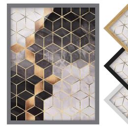 Bilderwelten Bild mit Rahmen - Hochformat Schwarz Wei&szlig; goldene Geometrie