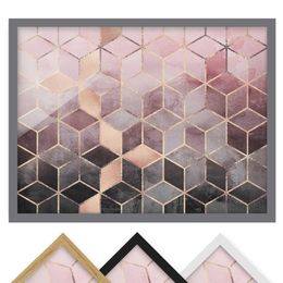 Bilderwelten Bild mit Rahmen - Querformat Rosa Grau goldene Geometrie