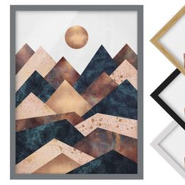 Bilderwelten Bild mit Rahmen - Hochformat Geometrische Berge Bronze